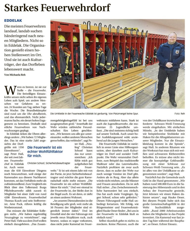 Freiwillige Feuerwehr Eddelak » Dithmarscher Landeszeitung vom 21.12.2023